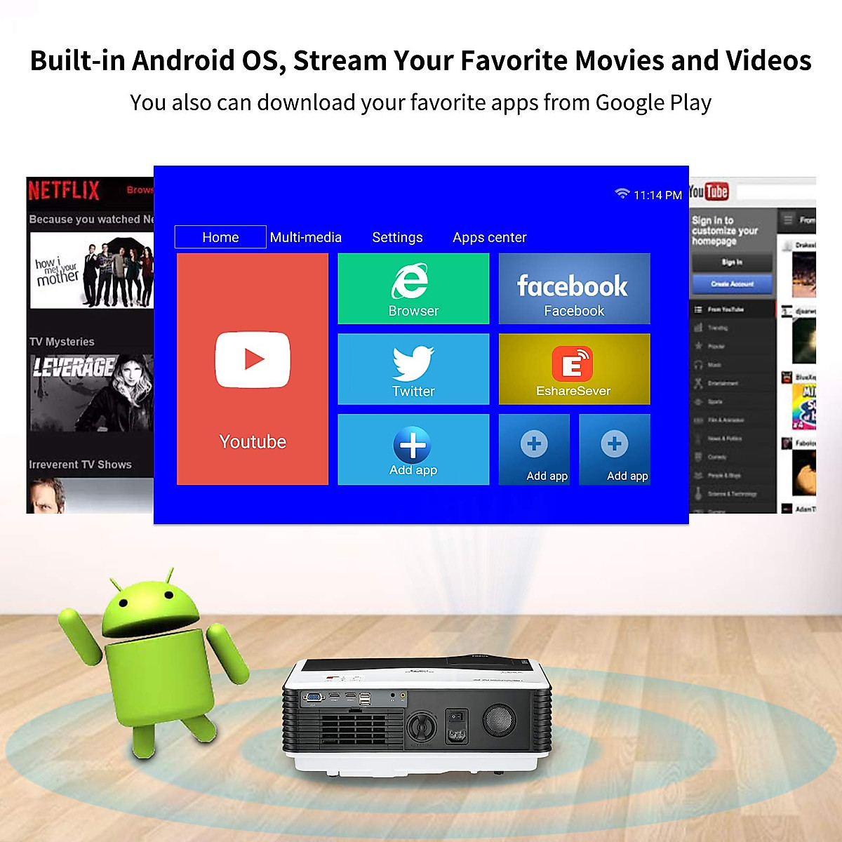 6200LM WiFi Bluetooth Projector Wireless HD Movies Projector 1080P LED Home Theater Projector 200” Display Compatible with Smartphone, Laptop, HDMI, USB, VGA, TV Stick, PS4 for Outdoor Entertainment