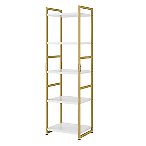finetones 5 Tier Corner Shelf, Narrow Bookshelf Gold with Metal Frame, Modern Display Storage Organizer for Bedroom Living Room Home Office, White and Gold