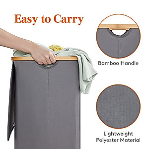 Lifewit 100L Basket with Lid, Clothes Hampers with Bamboo Handles and A Removable Bag, Large Foldable Hamper for Bedroom, Bathroom, Dorm, Laundry Room, Grey