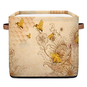 Yzrwebo Bee Sunflower Fabric Storage Bins for Organizing Beehive Vintage Large Storage Basket with Handles Cube Collapsible Organizer Bins for Shelves Closet Decor Toys Clothes Cubby 13"x13"x13"