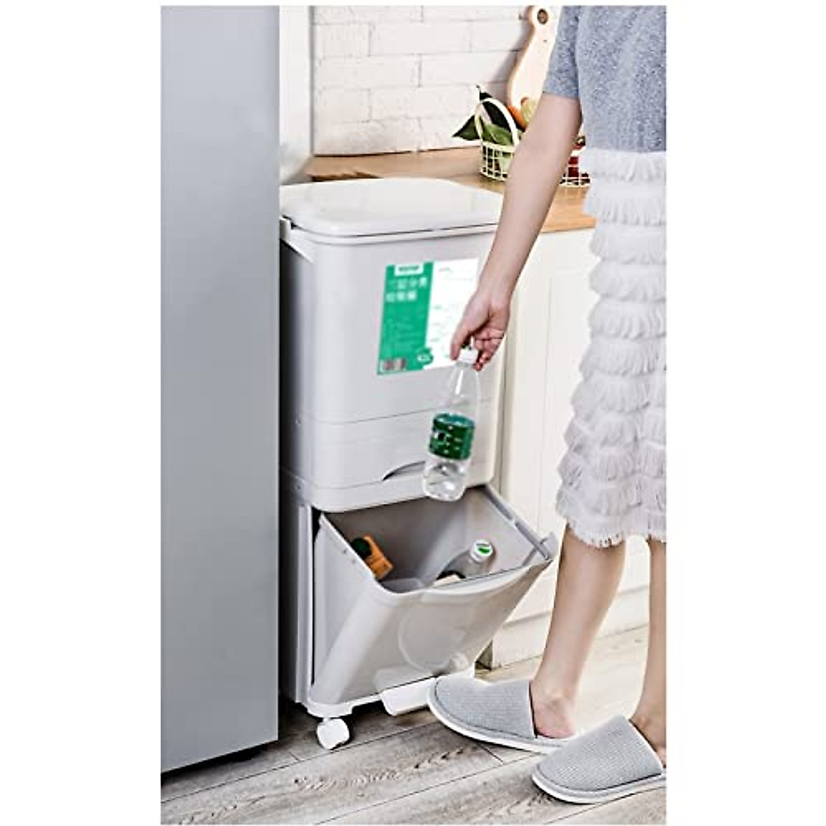 taimowei 42L Waste Bin Trash Can Dustbins Wheel Pedal Type with Lid 3-Layer Paper Basket Kitchen 42X28.2X112.2CM