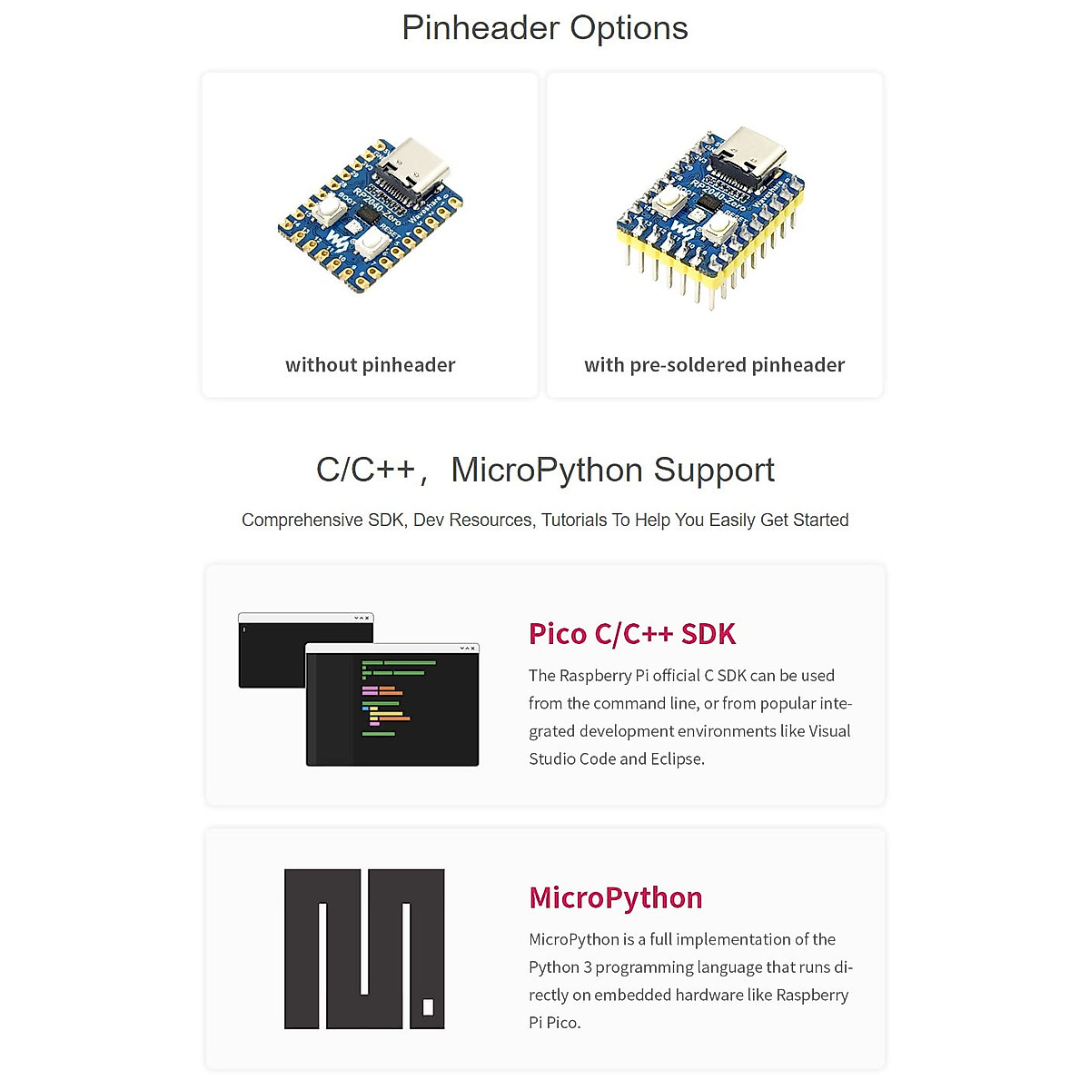 Waveshare RP2040-Zero High-Performance Pico-Like MCU Board Based On Raspberry Pi Microcontroller RP2040 Castellated Module Allows Soldering Direct to Carrier Boards-3pcs