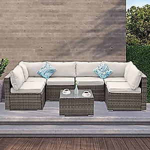 MEINV 7 Piece Patio Furniture Sofas Set, PE Rattan Sectional Couch Conversation Sets, Outdoor Waterproof Sofa Chair Wicker with Coffee Table and Cushion for Homes Porch Deck Gardens (Brown-Apricot)
