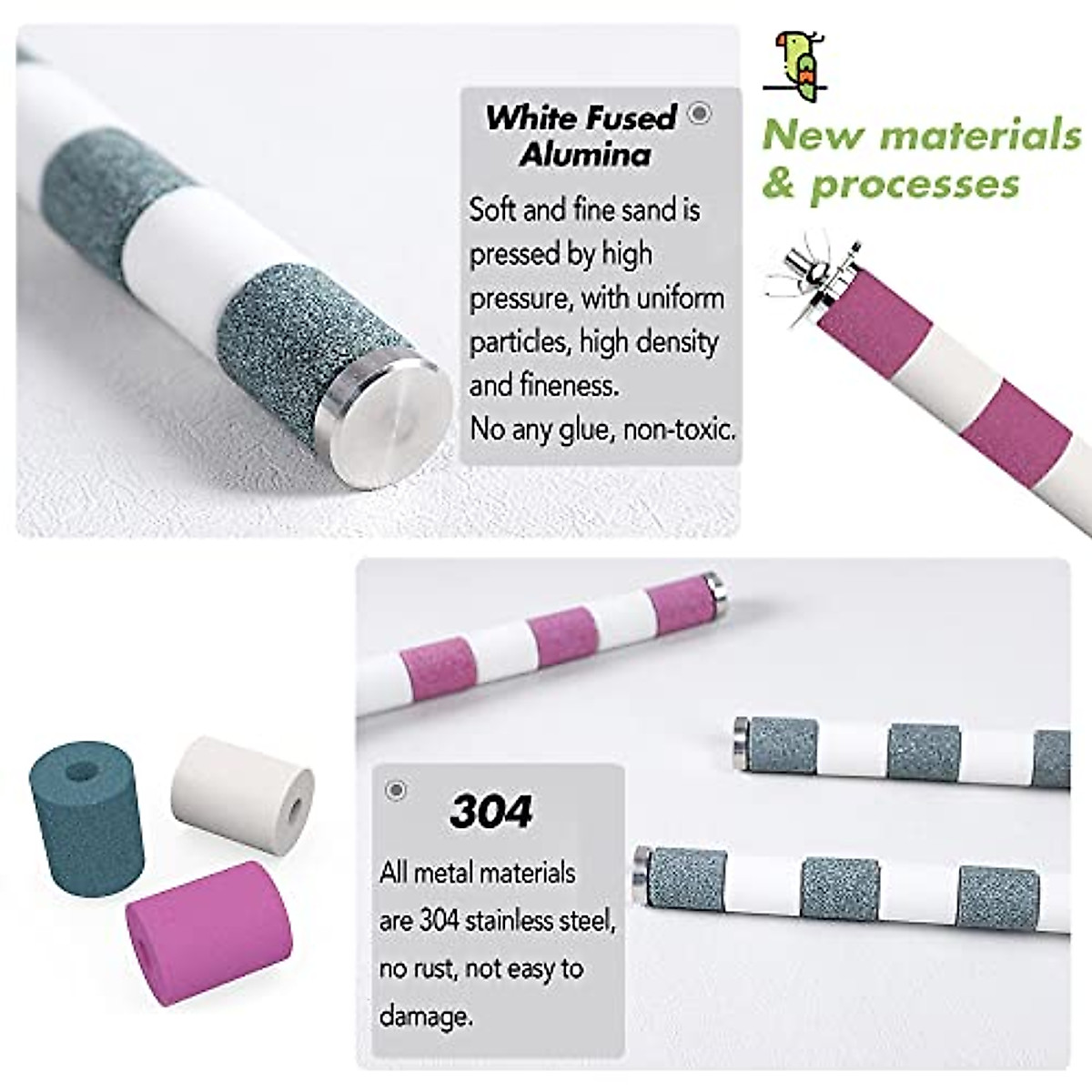 Duckiimo Bird Parrot Grinding Perch Stand, New Material Process Stone Not Drop Sand to Trim Nails and Beak with 304 Stainless Durable Toy for Cage Accessories., White Pink, White Gray (DKM220602)