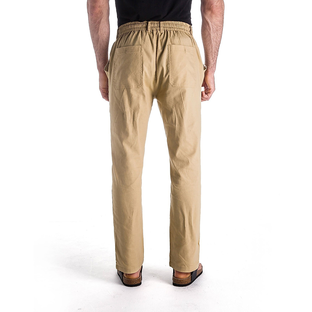 MUSE FATH Men’s Linen Elastic Waist Pants-Lightweight Summer Trousers-Khaki-S