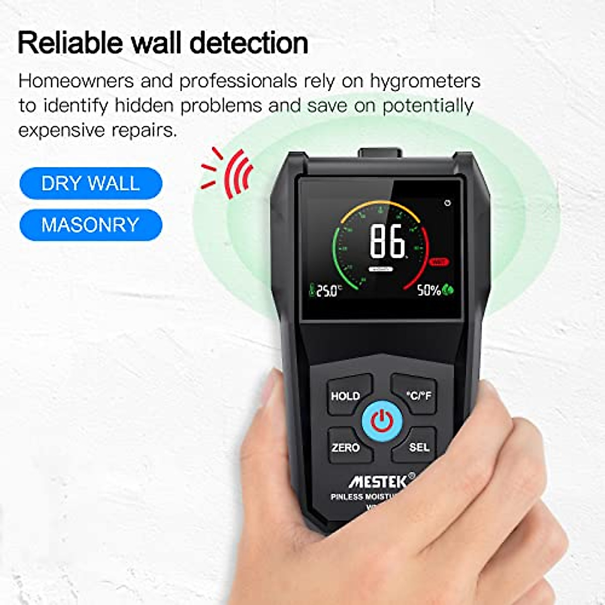 Pinless Moisture Meter, MESTEK Wood Moisturer Meter for Non-Destructive Moisture Detection in Lumber Drywall Firewood Masonry Plaster Floor Concrete Building with Color LCD Sound Alarm