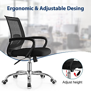 Black Office Desk Chairs with Lumbar Support, armrests Black Mesh Ergonomic Computer Chair can Lift and 360°Swivel, Made of Silver Aluminum Legs