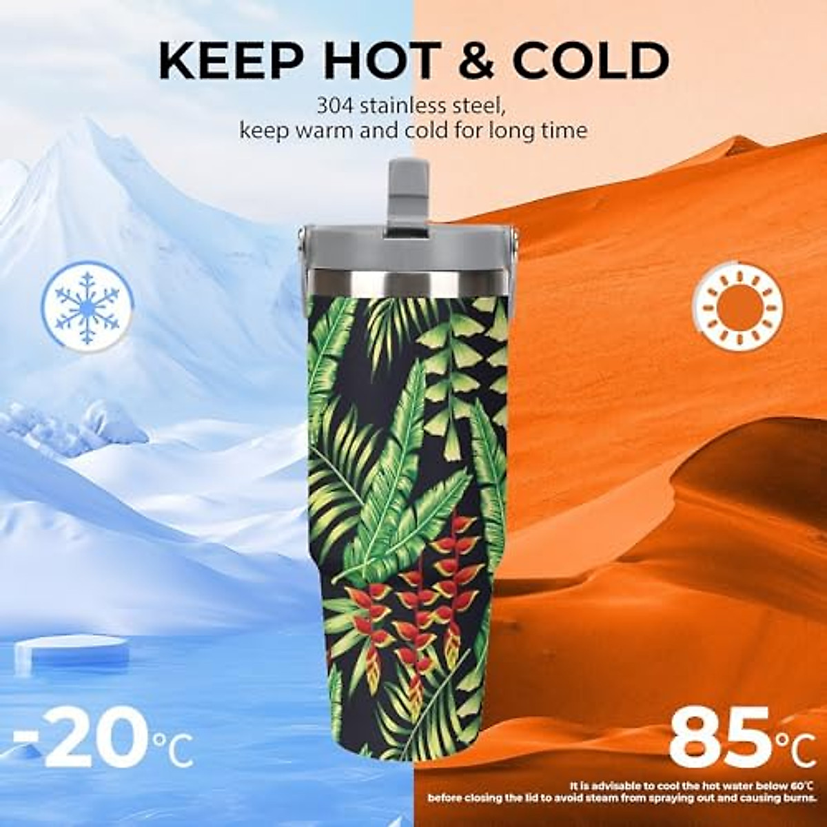 GemGam Stainless Steel Tumbler with Lid And Straw 30 Oz Top Handle Palm Tree Colorful Flower Leakproof Vacuum Insulated Water Bottle for Car Travel Exotic Plant