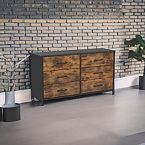 IKENO 6 Drawer Dresser for Bedroom, Industrial Wood Storage Organizer with Sturdy Steel Frame, Chests of Drawers for Bedroom Living Room Hallway