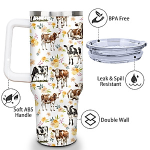 thmasamwr Cow Print Tumbler with Lid and Straw, Stainless Steel 40oz Tumbler with Handle, Cow Print Travel Coffee Mug Water Bottle, Highland Cow Gifts Cups for Women and Girls