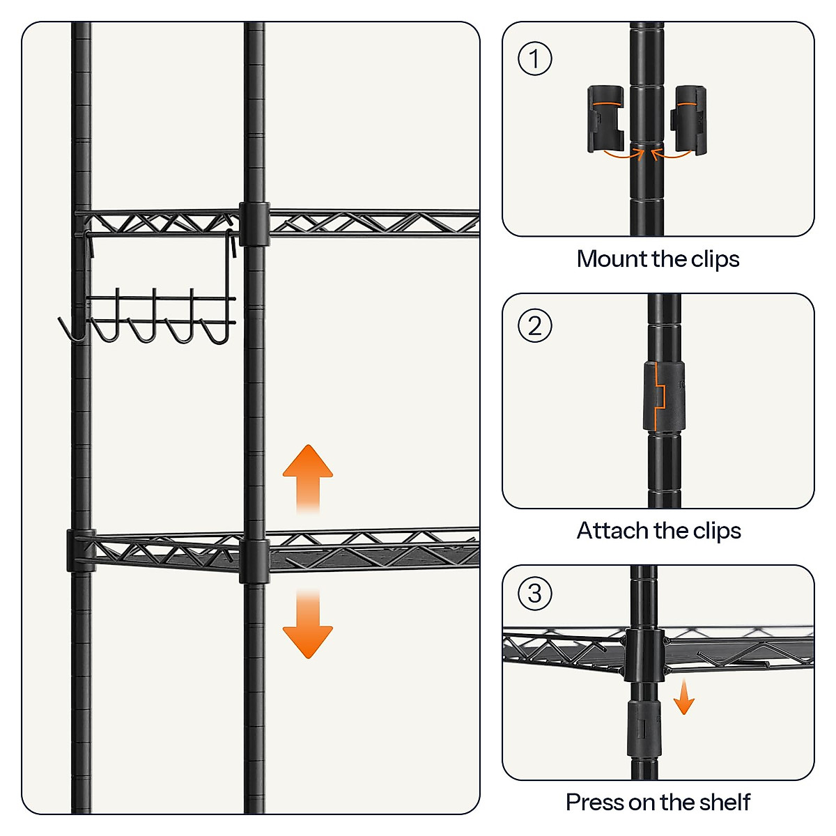 HOOBRO 5-Tier Storage Rack, Wire Shelving Unit with Adjustable Shelves, Standing Metal Shelf with Removable Drawer and 5 Hooks for Bathroom, Living Room, Bedroom, Kitchen, Black BK25CJ01
