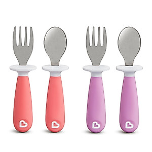 Munchkin® Raise™ Toddler Fork and Spoon Utensil Set, Rest Keeps Tip Off Table, BPA Free, 4 Pack, Pink/Purple