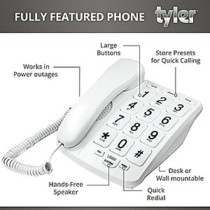 Tyler TBBP-4-WH Telephone for Seniors - Large Button Landline Phone for Elderly with Loud Speaker, Speed Dial, Ringer Volume Control, Wall Mount - Easy to See & Press Numbers - Works in Power Outage