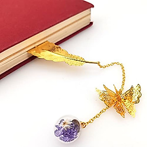 Metal Feather Bookmark, Vintage Book Marks with 3D Butterfly and Glass Beads Dry Flower Pendant, Mother's Day, Graduation Season for Women, Men Book Lovers Creative Gifts Bookmarks-Gold