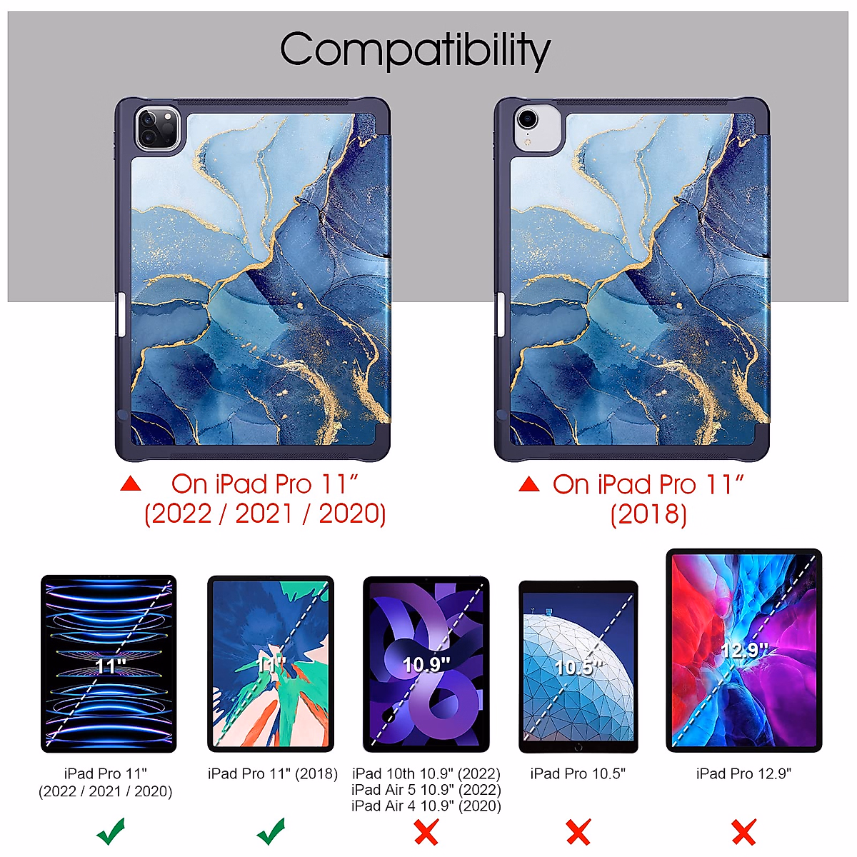 Fintie SlimShell Case for iPad Pro 11-inch (4th / 3rd Generation) 2022/2021 - Soft Flexible TPU Stand Back Cover with Pencil Holder, Also Fit iPad Pro 11" 2nd / 1st Gen, Ocean Marble