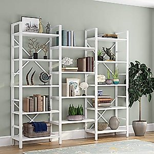 Tribesigns Triple Wide 5-Shelf Bookcase, Etagere Large Open Bookshelf Vintage Industrial Style Shelves Wood and Metal bookcases Furniture for Home & Office, All White