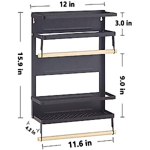 Magnetic Fridge Organizer with 2 Paper Towel Holder, Large Foldable Strong Magnetic Spice Rack with 5 Removable Hooks，Magentic Shelf Hold up to 30LBS (Black)