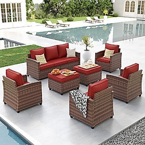 VONZOY Patio Furniture Set, 7 Pieces Outdoor Sectional Sofa Couch with Chairs, Ottomans and Comfy Cushions, All Weather Wicker Rattan Patio Conversation Set for Garden Backyard Wine Red