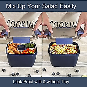 Caperci Salad Container for Lunch To Go - 2-Pack 52 oz Salad Bowls Bento Lunch Box Container with 4-Compartment Tray, 2-oz Sauce Container, Reusable Spork & BPA-Free (Navy & Navy)