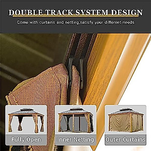 Evedy 10x12FT Hardtop Gazebo,Outdoor Permanent Metal Pavilion,Wooden Coated Aluminum Frame Canopy with Galvanized Steel Double Roof,Gazebo with Curtains and Netting for Patio, Deck and Lawn