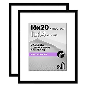 Americanflat 16x20 Picture Frame with Polished Plexiglass - Set of 2 - Use as 11x14 Frame with Mat or 16x20 Frame Without Mat - Galleria Collection - Photo Frames for Wall Display - Black