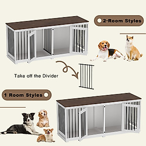 DAWNSPACES Double Dog Crates Furniture for Large Dogs, 71" Heavy Duty Wooden Large Dog Kennel with Removable Divider for 2 Dogs, Indoor Furniture Style Dog Crate House TV Stand, White