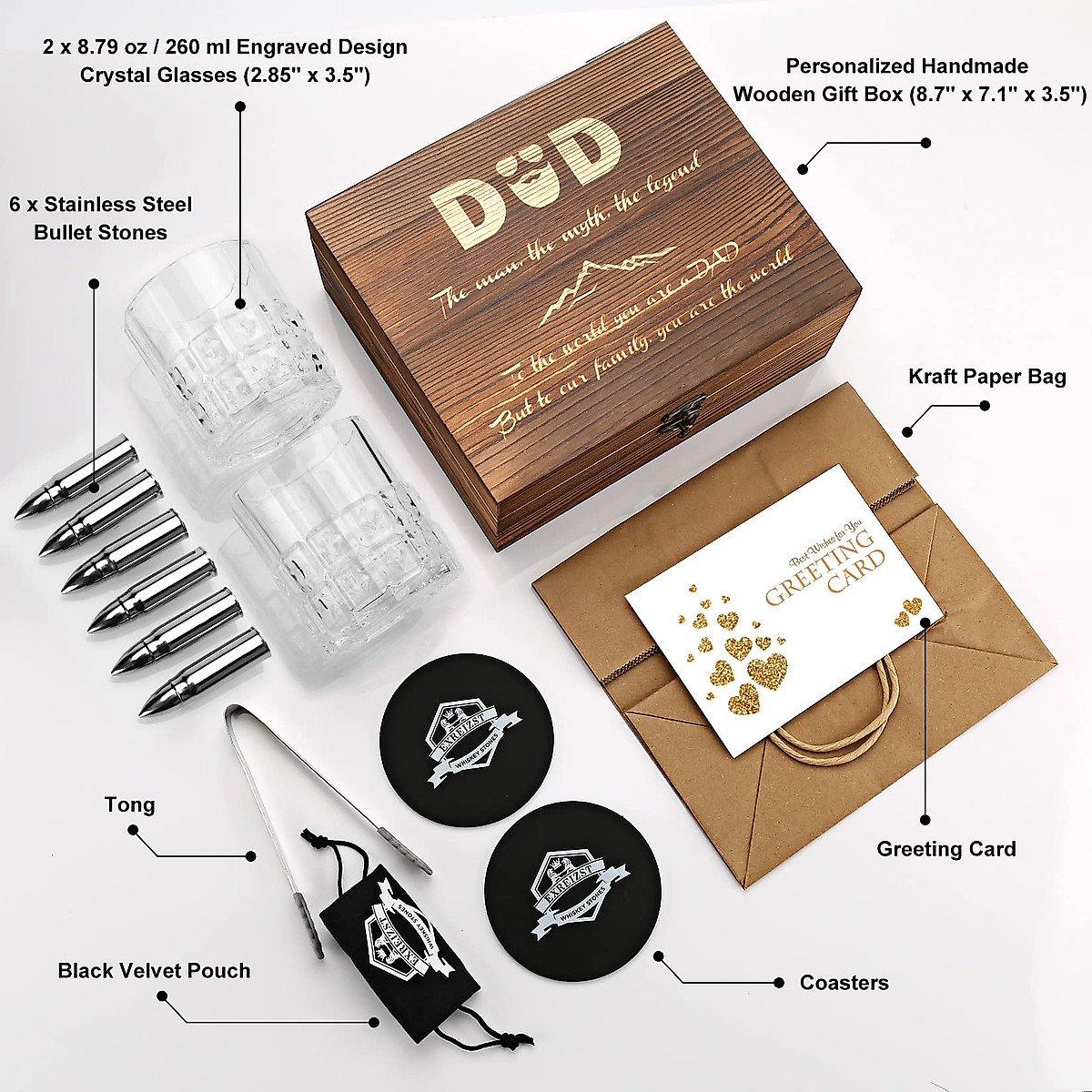 Whiskey Gifts for Men Dad, Best Birthday Gift Ideas for Men from Daughter Son, Stainless Steel Whiskey Stones & Glasses Set, Bourbon Gifts for Men Him Dad Christmas Retirement