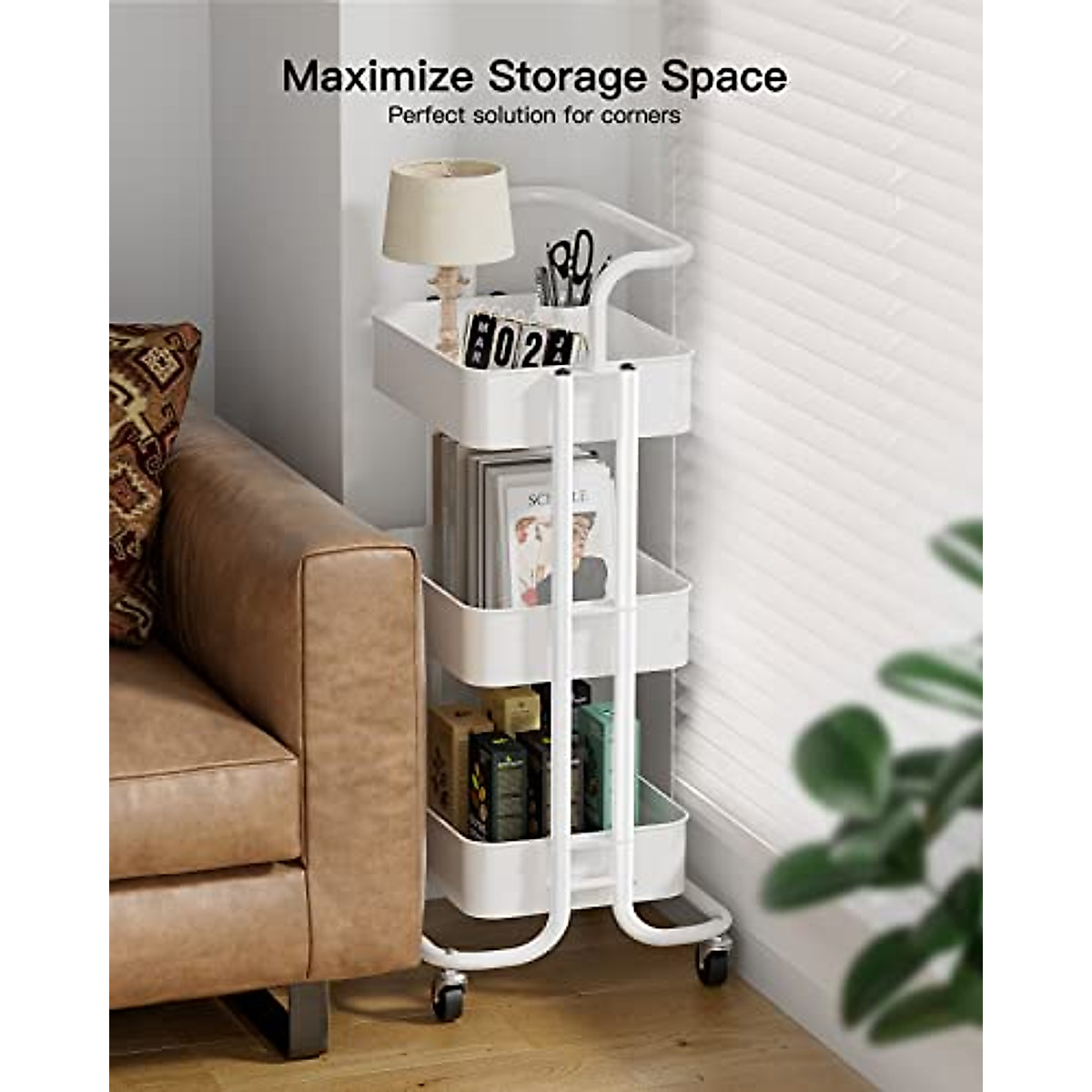 Totnz Rolling Utility Cart, 3-Tier Mesh Organization Cart with Lockable Wheels, Multi-Functional Storage Trolley for Office, Living Room, Kitchen, Laundry, Bathroom Storage, White (TZUC01W)