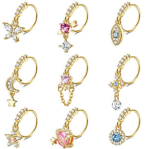 JOERICA 9 Pcs 20G Dangle Nose Rings Hoops for Women Butterfly Heart Arrow Evil Eye Moon Star CZ Dangle Nose Rings Cartilage Earring Dangling Nose Piercing Jewelry