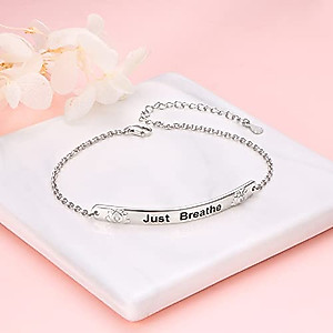 925 Sterling Silver Just Breathe Bracelet for Women for Anxiety Stress Relieving Lotus Flower Charm Bracelets for Lady Yoga Fans Inspirational Cuff Bangle Bracelets