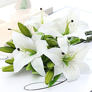 Aiinoo 5pcs Artificial Lily Faux Flowers Plastic Easter Tiger Lily Real Touch Bouquet for Wedding Party Home Garden Hotel Decor (White)
