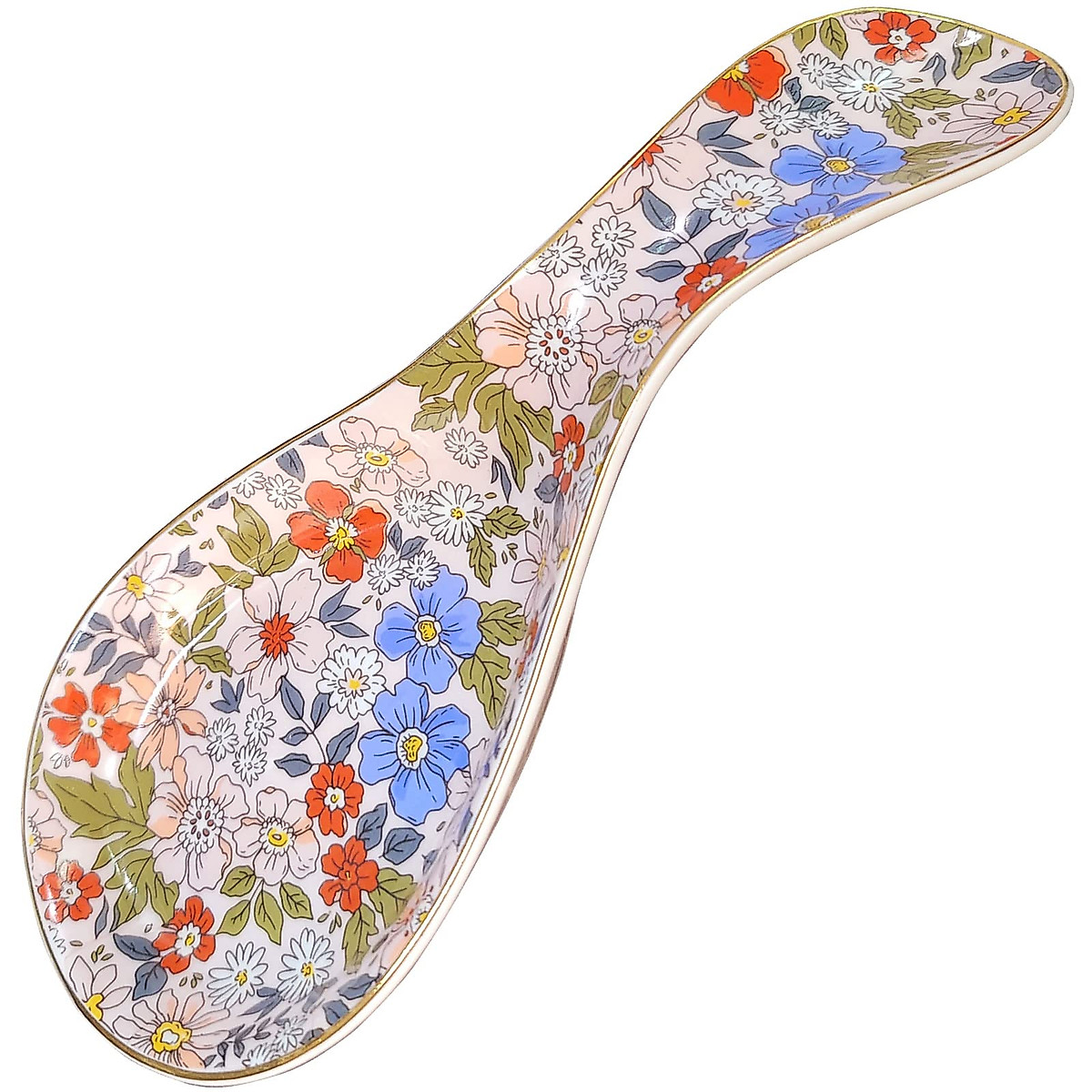 LEAZUL Ceramic Spoon Rest for Stove Top Large Spoon Holder Farmhouse Spoon Rest for Kitchen Counter Floral Coffee Spoon Rest Flowers Print Cooking Utensil Tools Rest Modern Farmhouse Kitchen Decor