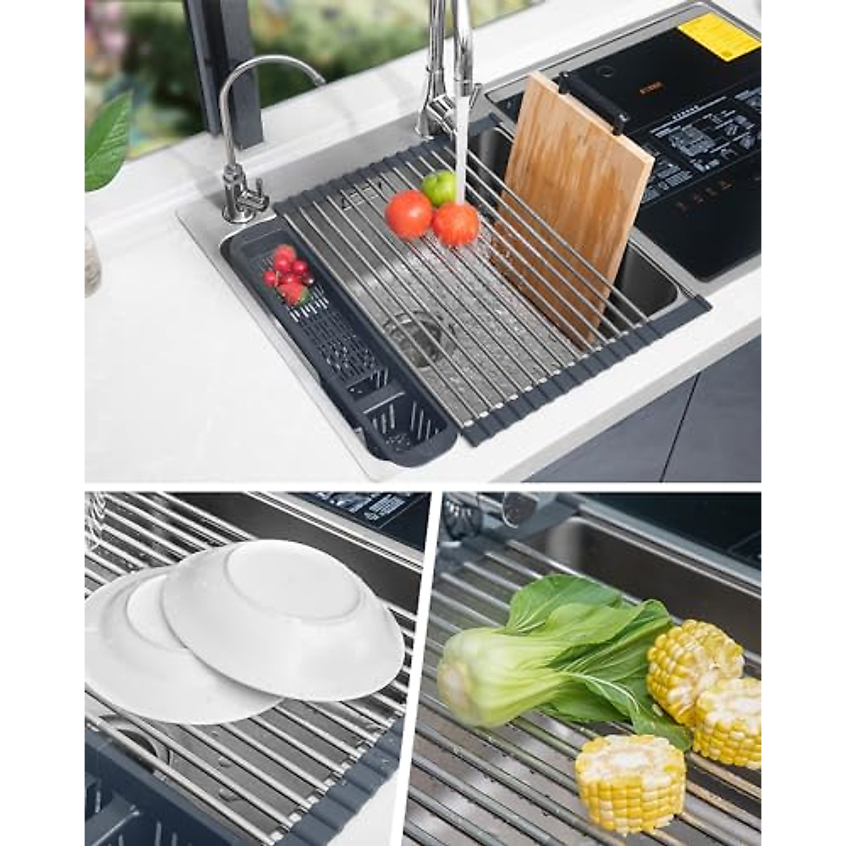 TREANY Expandable Roll Up Dish Drying Rack with Utensil Holder,Over The Sink Dish Drainer,304 Stainless Steel,Multipurpose,Best Gadget for Many Kitchen Task (14.5'' x 22.3'', Grey)