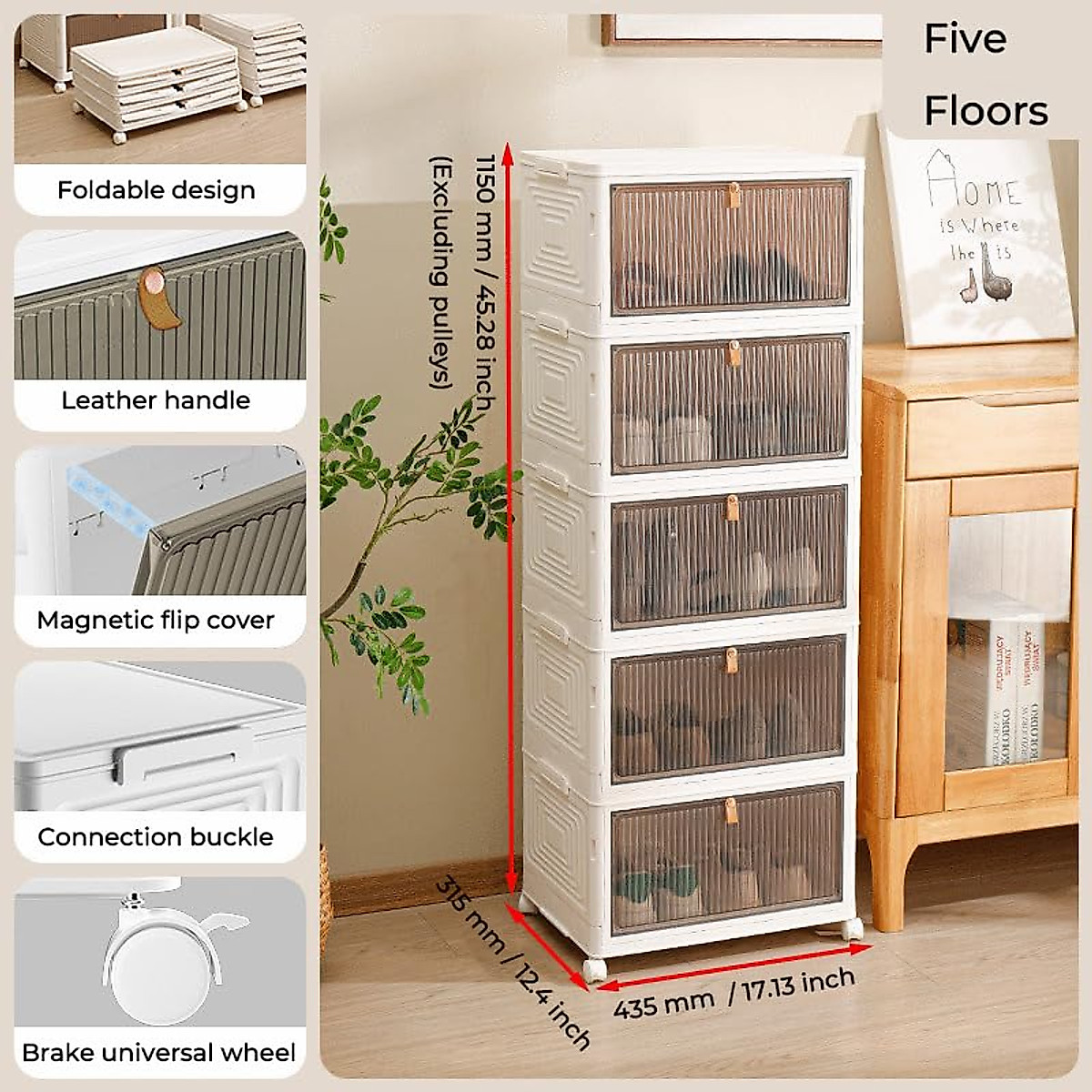 White 5 Tier Plastic Storage Bins Organizer with Lids and Wheels, 17.13 × 12.4 × 45.47 Inch Stackable Bins for Storage, 46Qt Folding Storage Boxes for Home, Dorm Room, 5th storage box (Five layers)