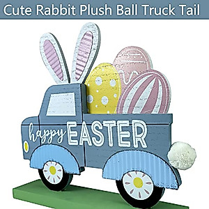 Eternhome Easter Decor Truck Eggs Bunny Block Happy Easter Wooden Table Decorations Farmhouse Rustic Cute Rabbit Ears Sign for Home Room, Tiered Tray, Fireplace, Shelf