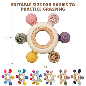 Baby Teething Toys Silicone Teethers BPA Free Silicone Rudder with Wooden Ring Soothe Babies Gums (Khaki)