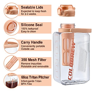 Cold Brew Coffee Maker, 68oz Iced Coffee Pitcher with Filter, 2 Pour Spout Lids for Ice Coffee Tea, Airtight & Leak-Proof Coffee Barrel(Pink)