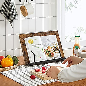 SONGMICS Cookbook Stand, Mothers Day Gifts, Gifts for Mom Grandma, Foldable Cookbook Holder, Recipe Book Holder with Clips, 5-Angle Adjustable, for Kitchen, Rustic Brown ULLD112B01