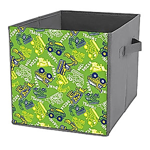 Cute Bulldozer Foldable Storage Bins Printd Fabric Cube Baskets Boxes with Handles for Clothes Toys, 11x11x11