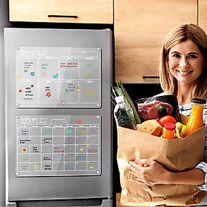 Hivillexun 17"x12" Clear Acrylic Magnetic Dry Erase Board with Monthly & Weekly Planner, 6 Markers & Large Eraser for Refrigerator Organization