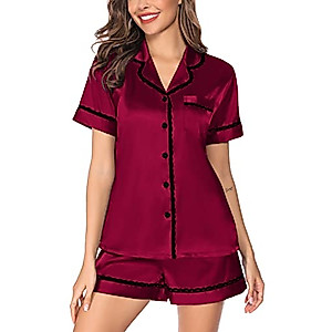 SWOMOG Mother Daughter Matching Pajamas Summer Pajamas for Women Satin Silk Pj 2 Piece Silky Lace Lounge Shorts Pjs Sleepwear Wine Red