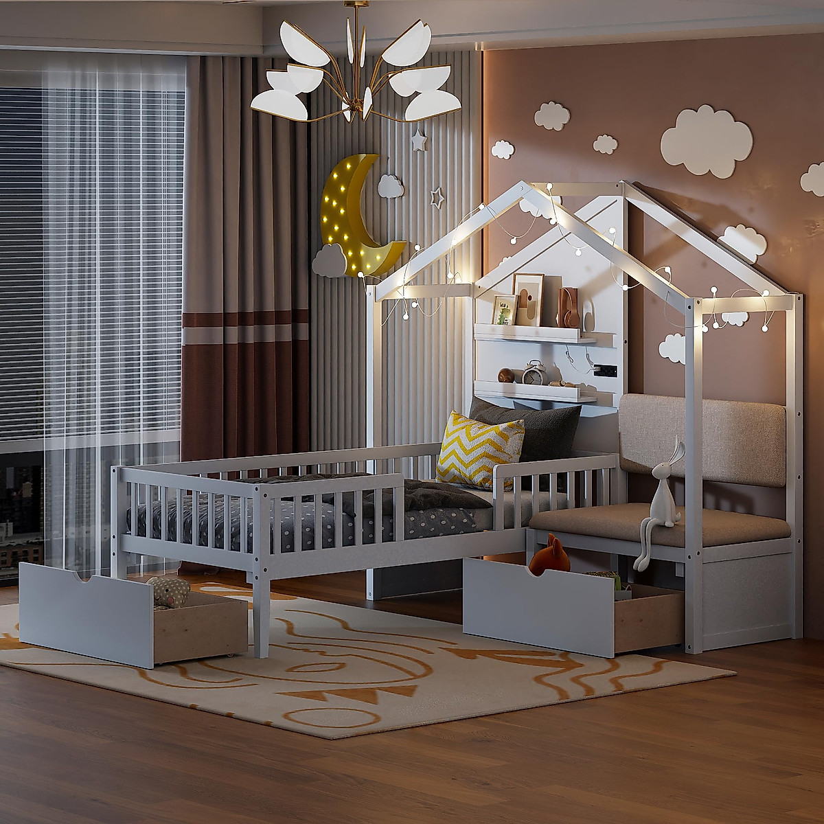 DEINPPA Twin Kids Bed with Storage, House Bed Frame with Charging Station and Futon Seat, Wooden Platform Bed with Drawers, Come with Decorative LED Lights, for Kids Children Toddler Boys Girls-White