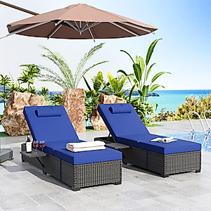 GAOMON Outdoor PE Wicker Chaise Lounge Chairs Set of 2 Patio Brown Rattan Reclining Chair Adjustable Backrest Pool Sunbathing Recliners with Cushion Cover, Navy