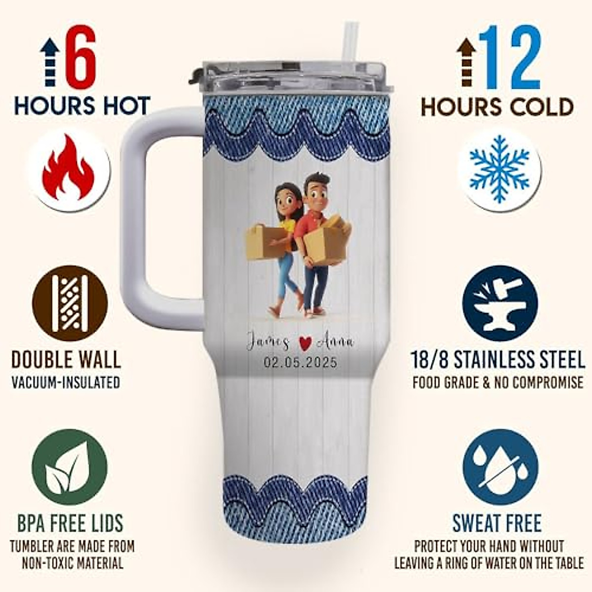 Custom 40oz Tumbler with Handle – engagement announcement-Personalized Couple Gift for Anniversary Wedding Gift, Birthday, Mother's Day, Valentine’s Day VzTBav