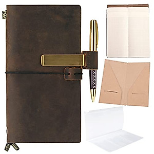 Leather Refillable Journal, Travelers Notebook for Men and Women, Handmade Gift Set with Journal and Stylish Pen, Vintage Notebook, Sketchbook, Planner and Travel Diary (5 Inserts) (8.5x4.5")