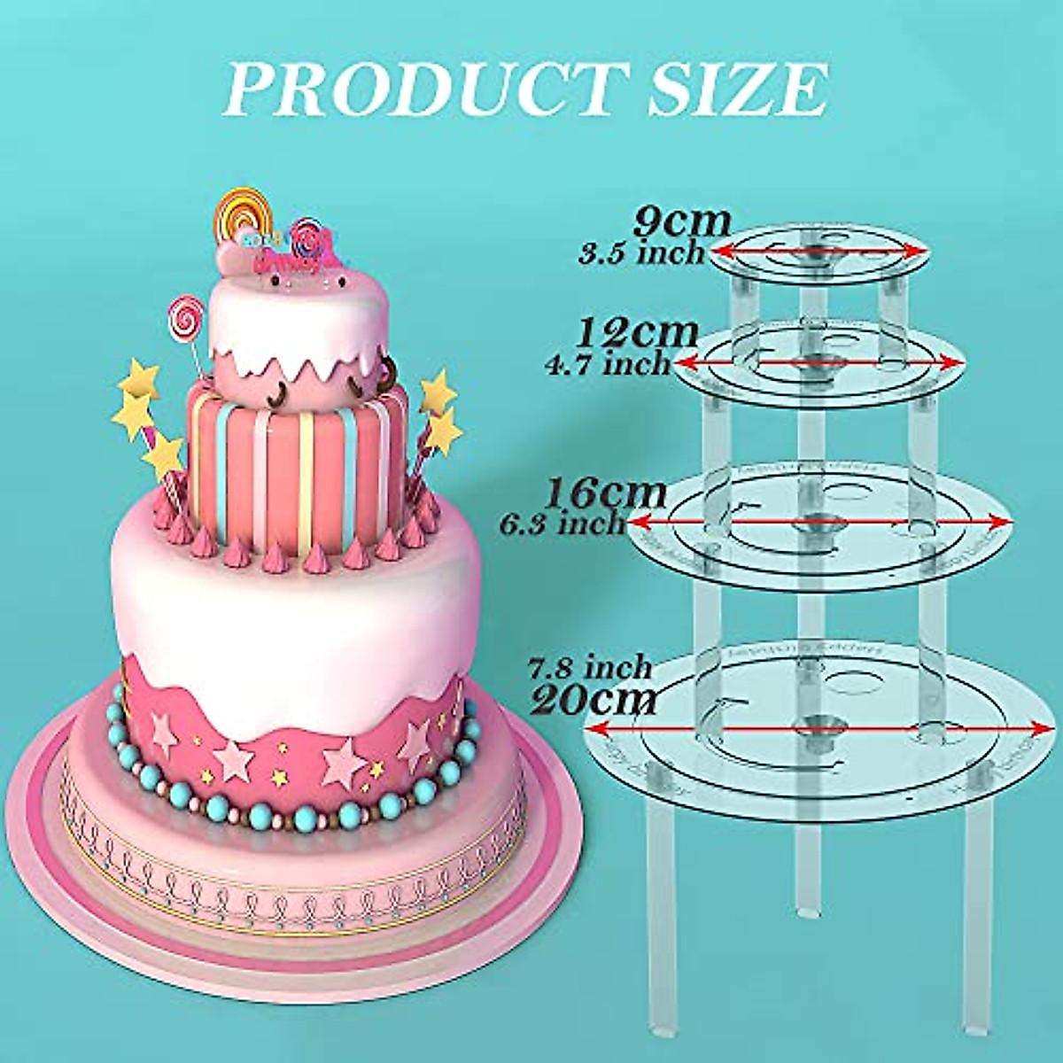 Cake tier stacking kit - 20 Pieces White Plastic Cake Sticks Support Rods with 4 Pieces Cake Separator Plates for 4, 6, 8, 10 Inch Cakes and 12 Pieces Clear Cake Stacking Dowels for Tiered Cakes