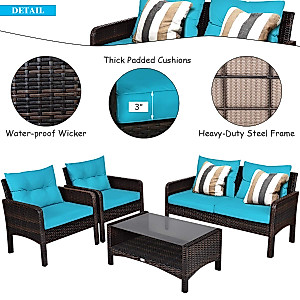 Tangkula 4 Piece Patio Furniture Set, Outdoor Wicker Conversation Set with Glass Top Coffee Table, All Weather Proof and Thick Cushions, Suitable for Porch, Garden, Poolside and Lawn (Turquoise)