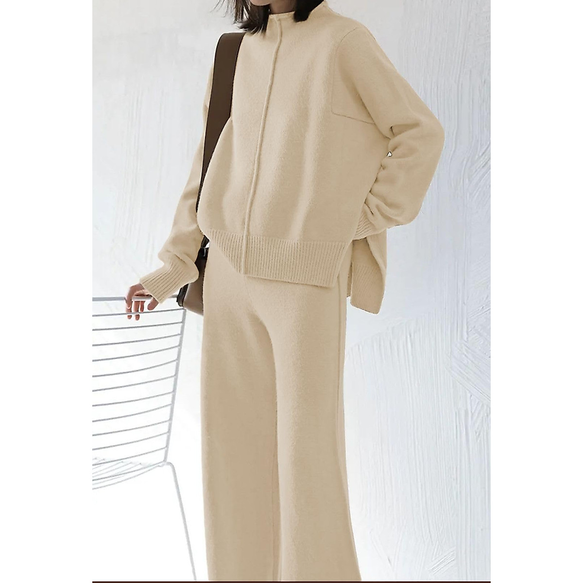 Linsery Womens Tracksuits Winter Casual Two Piece Set Women Knitted Loose Sweater Pullover Top Wide Leg Pants Suit Outfit Apricot Medium