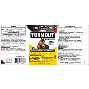 Durvet Turn Out Insecticide and Repellent for Horses and Dogs. Sweat and Water Proof Formula Stays Active for Up to 14 Days. Spray or Wipe On. Ready-to-Use 32-Ounce Spray Bottle. Made in USA.