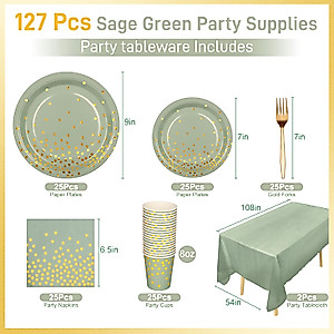 Etsutomy Sage Green Party Supplies, 127PCS Sage Green Paper Plates Napkins Cups Forks Disposable Dinnerware Set Serves 25 Guests, Sage Green Party Decorations for Wedding Baby Shower